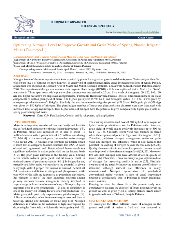 (PDF) Optimizing Nitrogen Level To Improve Growth And Grain Yield Of Spring Planted Irrigated ...
