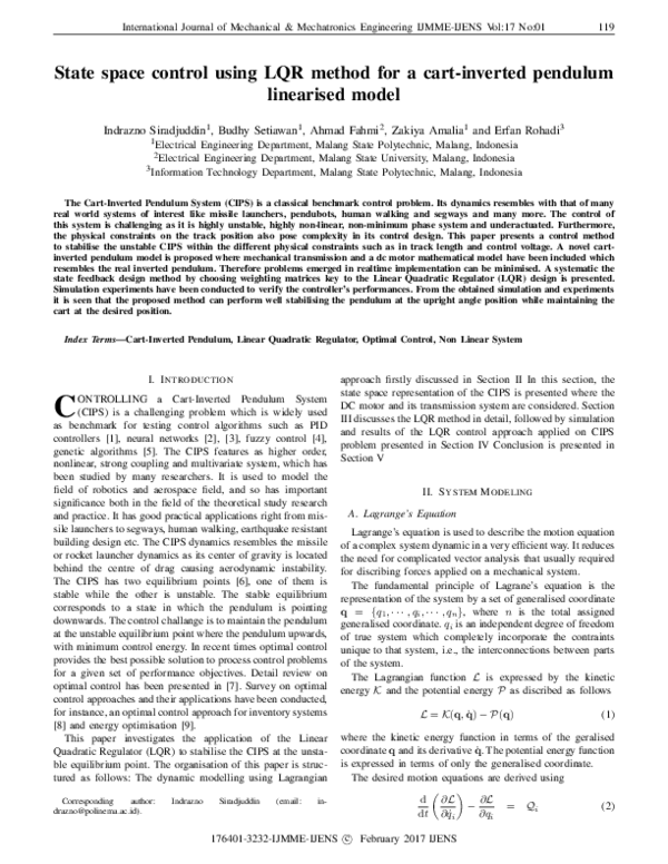 (PDF) State space control using LQR method for a cart-inverted pendulum ...
