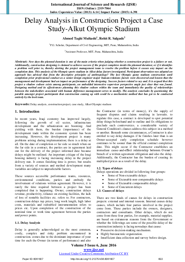 (PDF) Delay Analysis in Construction Project a Case Study - Alkut Olympic Stadium | Rohit ...