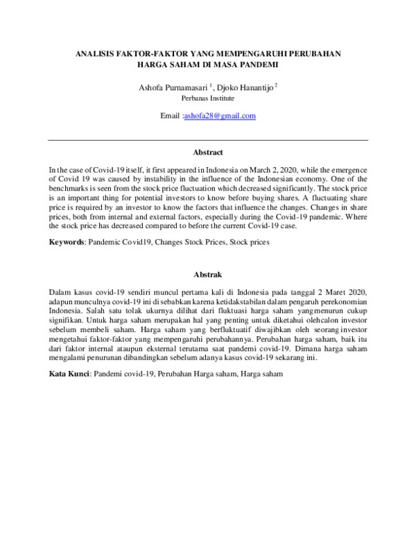 (PDF) ANALISIS FAKTOR-FAKTOR YANG MEMPENGARUHI PERUBAHAN HARGA SAHAM DI MASA PANDEMI