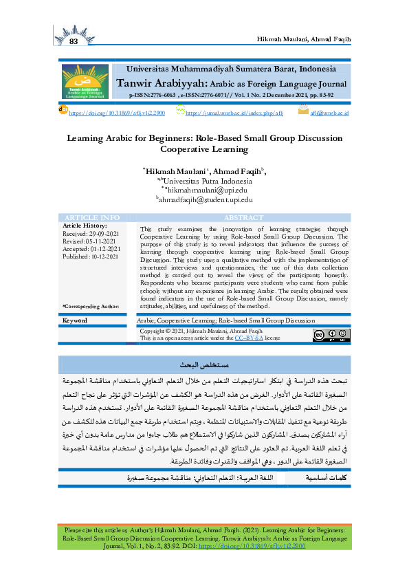 (PDF) Learning Arabic for Beginners: Role-Based Small Group Discussion ...