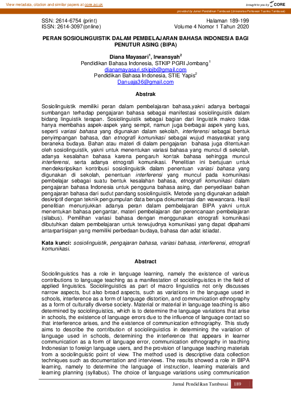 (PDF) Peran Sosiolinguistik Dalam Pembelajaran Bahasa Indonesia Bagi Penutur Asing (Bipa ...