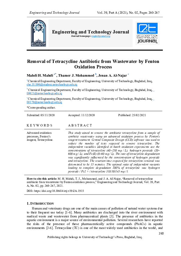 (PDF) Removal of Tetracycline Antibiotic from Wastewater by Fenton ...
