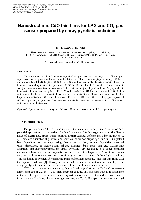 (PDF) Nanostructured CdO Thin Films for LPG and CO2 Gas Sensor Prepared by Spray Pyrolisis Technique