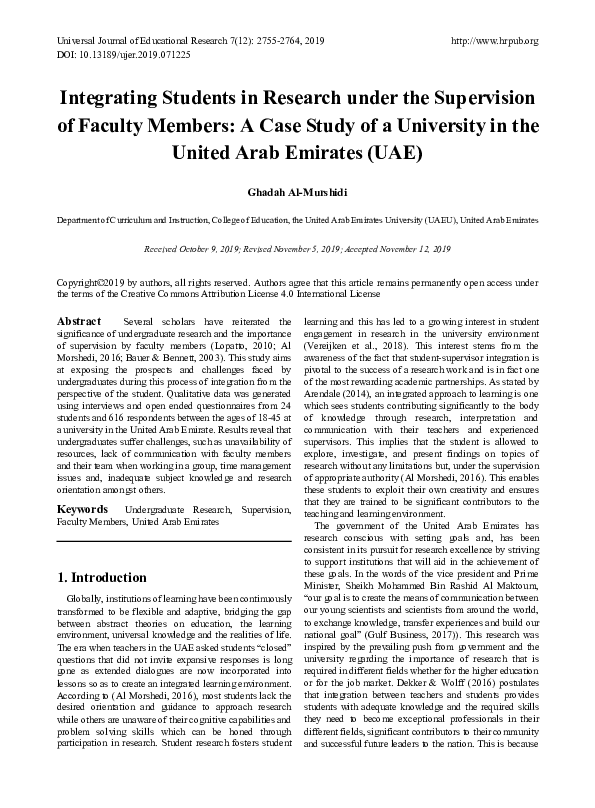 (PDF) Integrating Students in Research under the Supervision of Faculty ...