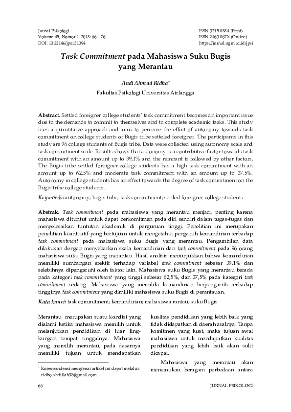 (PDF) Task Commitment pada Mahasiswa Suku Bugis yang Merantau