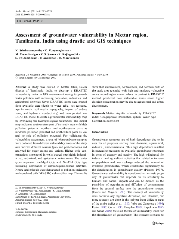 Pdf Assessment Of Groundwater Vulnerability In Mettur Region