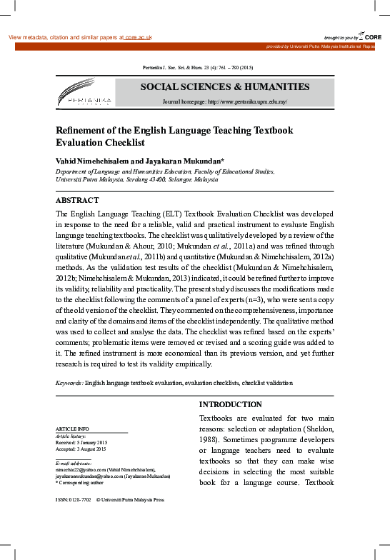 (PDF) Refinement of the English language teaching textbook evaluation checklist