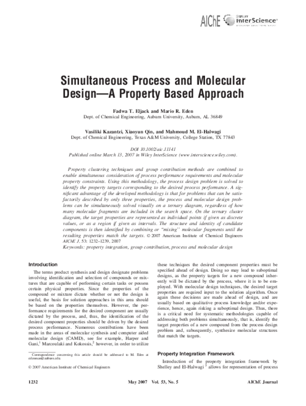 (PDF) Simultaneous process and molecular design—A property based approach