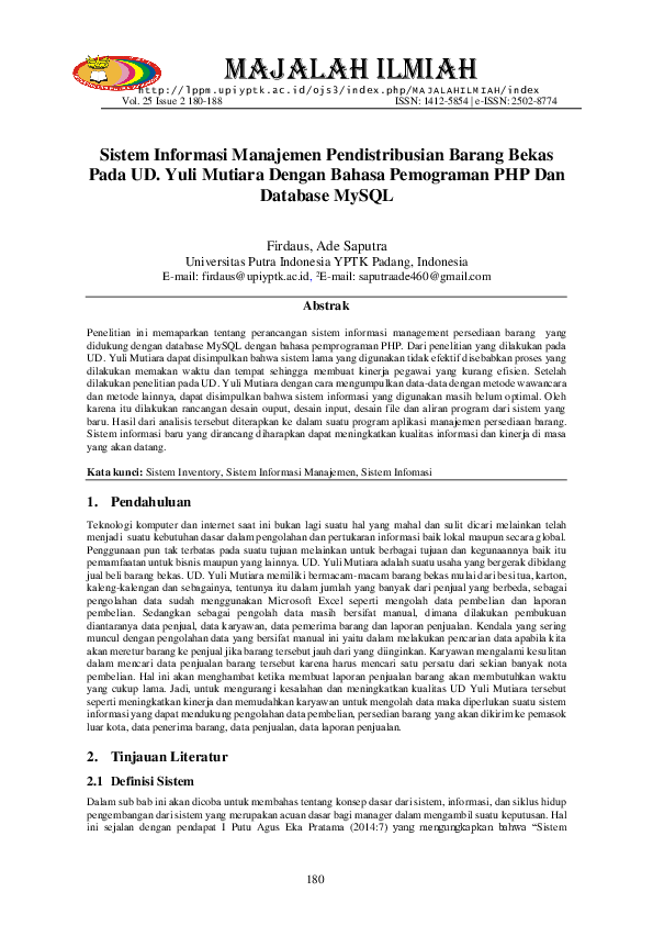 (PDF) Sistem Informasi Manajemen Pendistribusian Barang Bekas Pada UD. Yuli Mutiara Dengan ...