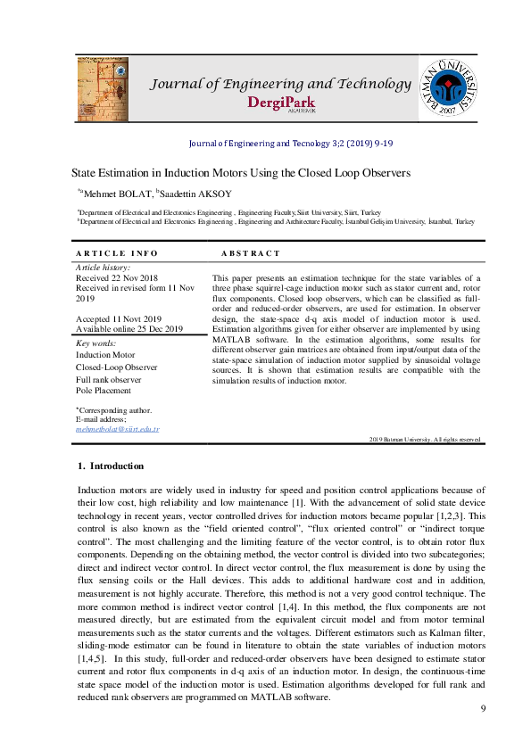 Pdf State Estimation In Induction Motors Using The Closed Loop Observers