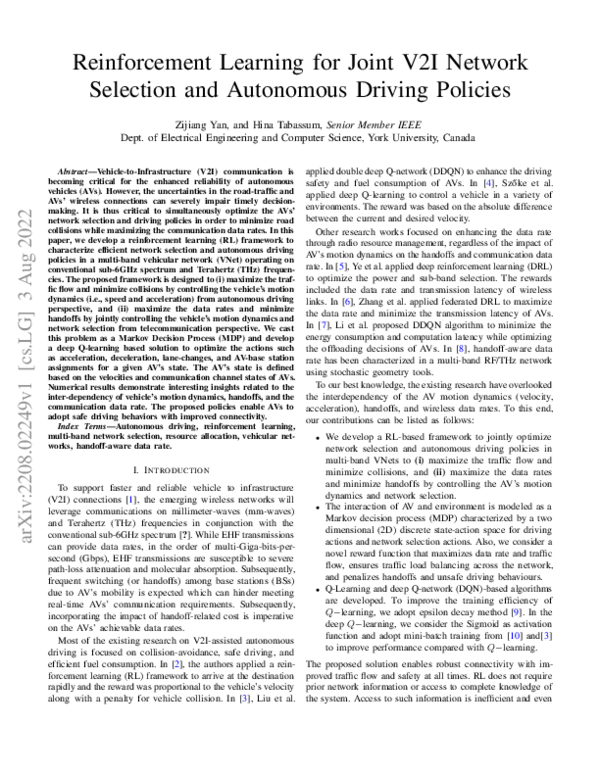 (PDF) Reinforcement Learning for Joint V2I Network Selection and ...
