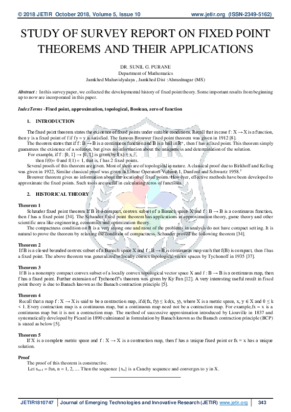 (PDF) Study of Survey Report on Fixed Point Theorems and Their Applications | Sunil Purane ...