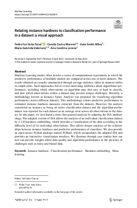 Pdf Relating Instance Hardness To Classification Performance In A Dataset A Visual Approach