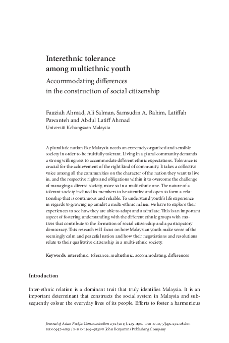 (PDF) Interethnic tolerance among multiethnic youth: Accommodating ...