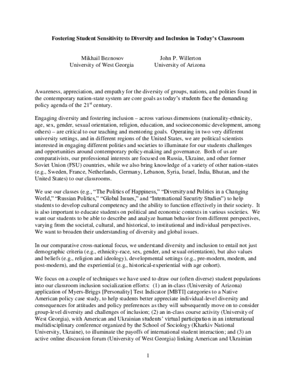 (PDF) Fostering Student Sensitivity to Diversity and Inclusion in Today ...