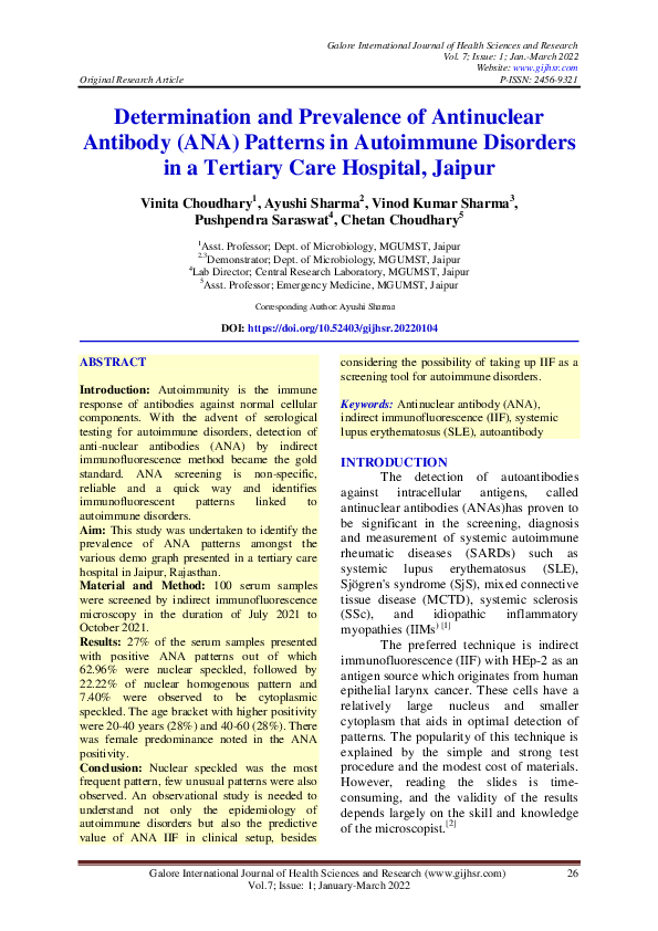 (PDF) Determination and Prevalence of Antinuclear Antibody (ANA ...
