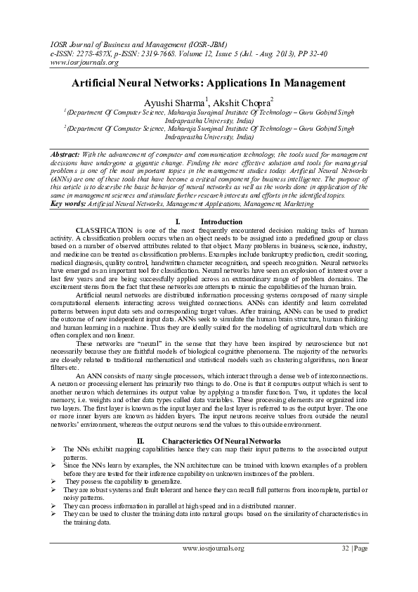 (PDF) Artificial Neural Networks: Applications In Management