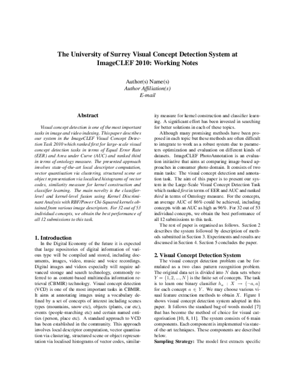 Pdf The University Of Surrey Visual Concept Detection System At Imagecleficpr Working Notes