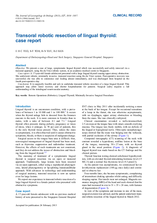 (PDF) Transoral robotic resection of lingual thyroid: case report
