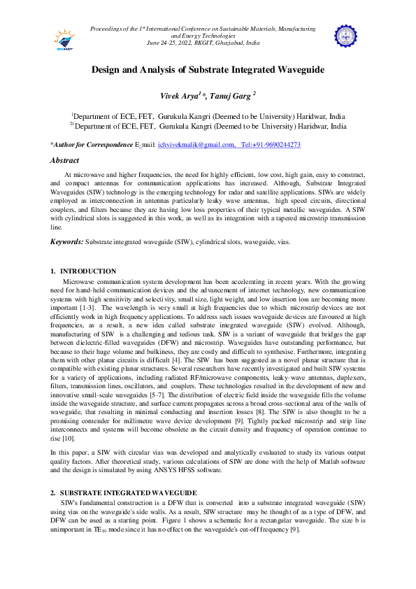 (PDF) Design and Analysis of Substrate Integrated Waveguide