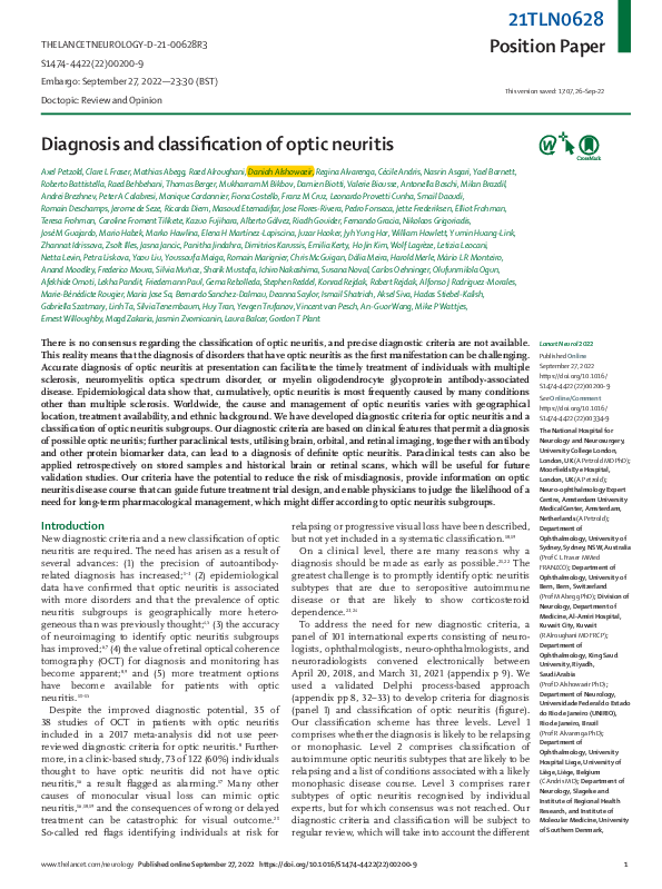 (PDF) Diagnosis and classification of optic neuritis