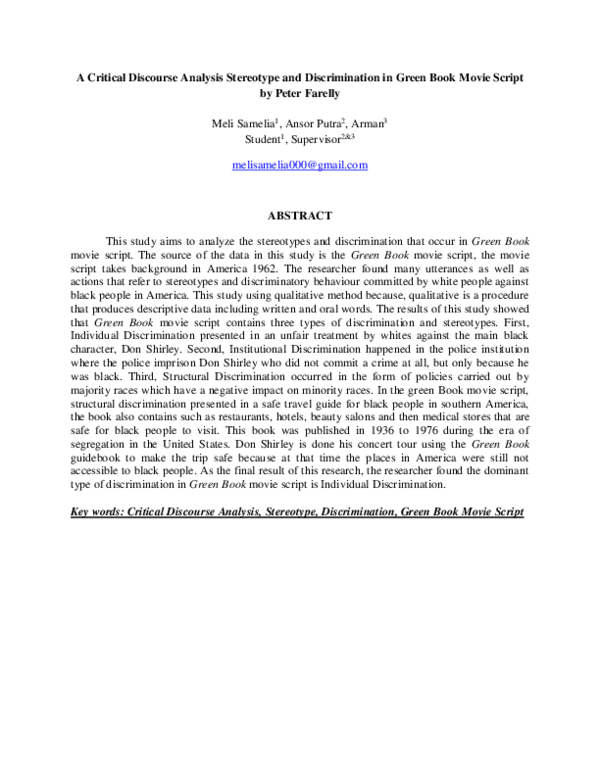(PDF) A Critical Discourse Analysis Stereotype and Discrimination in Green Book Movie Script by ...