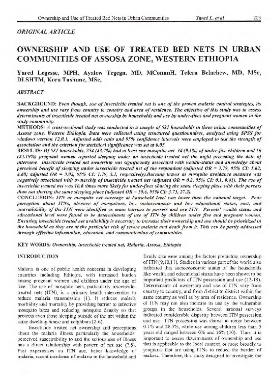 (PDF) Ownership and Use of Treated Bed Nets in Urban Communities of ...