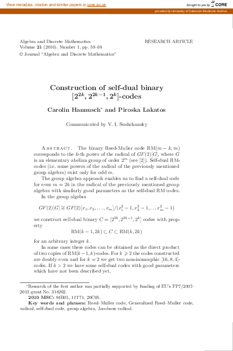(PDF) Construction of self-dual binary [2^(2k),2^(2k-1),2^k] -codes