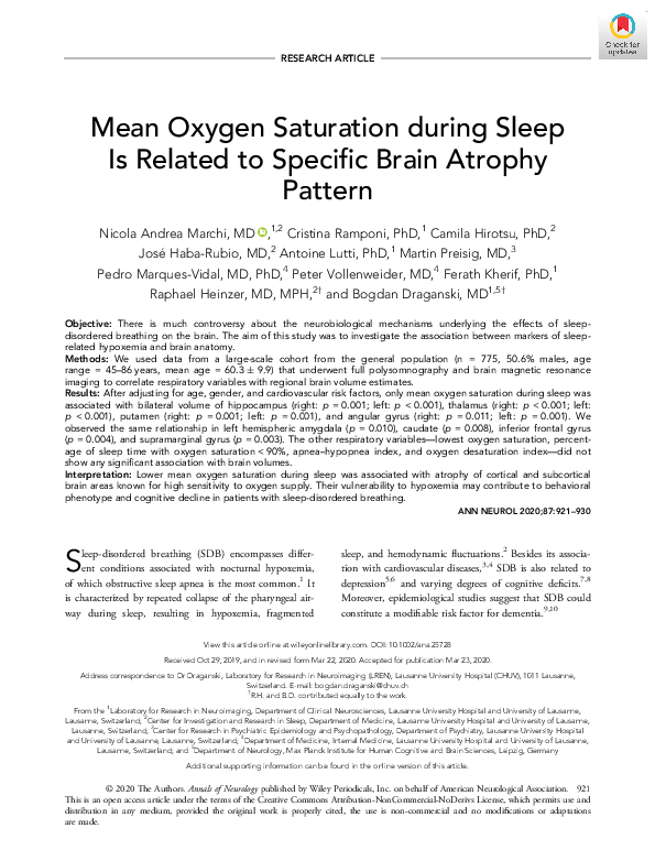 (PDF) Mean Oxygen Saturation during Sleep Is Related to Specific Brain ...
