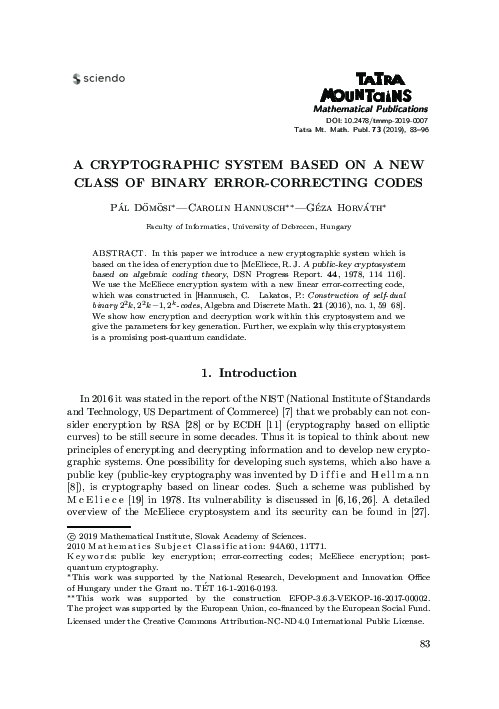 Pdf A Cryptographic System Based On A New Class Of Binary Error Correcting Codes