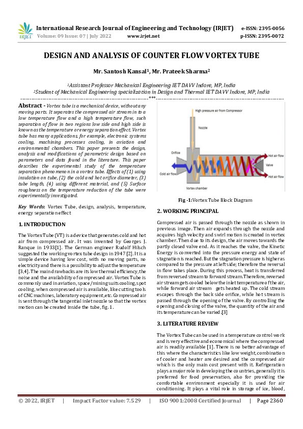 (PDF) DESIGN AND ANALYSIS OF COUNTER FLOW VORTEX TUBE