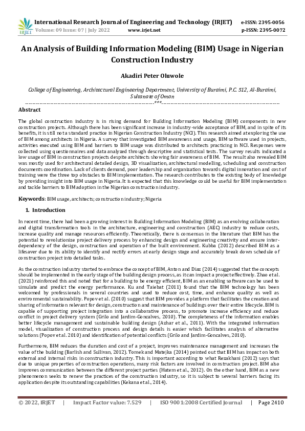Pdf An Analysis Of Building Information Modeling Bim Usage In