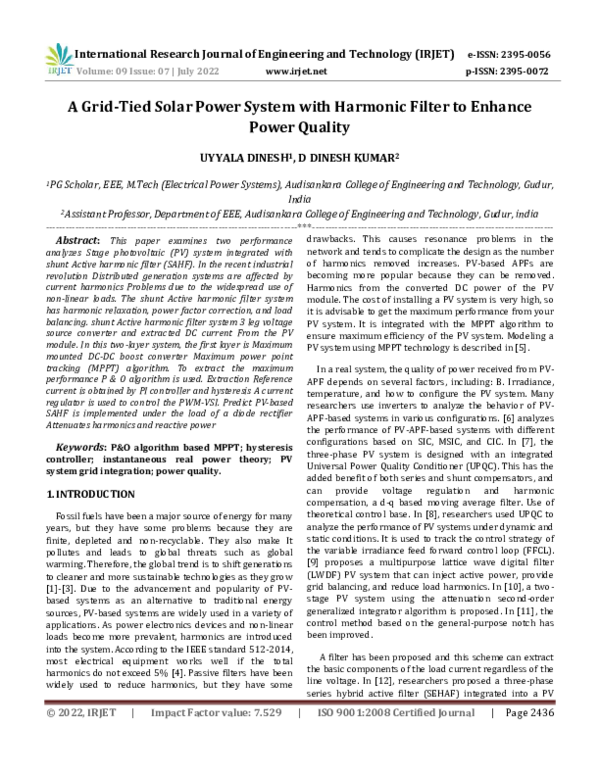 (PDF) A Grid-Tied Solar Power System with Harmonic Filter to Enhance Power Quality