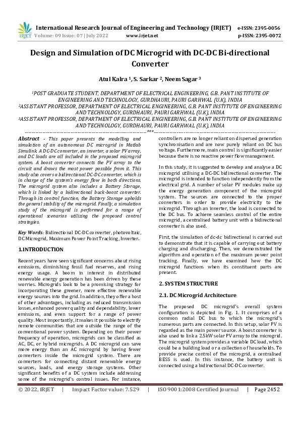 Pdf Design And Simulation Of Dc Microgrid With Dc Dc Bi Directional