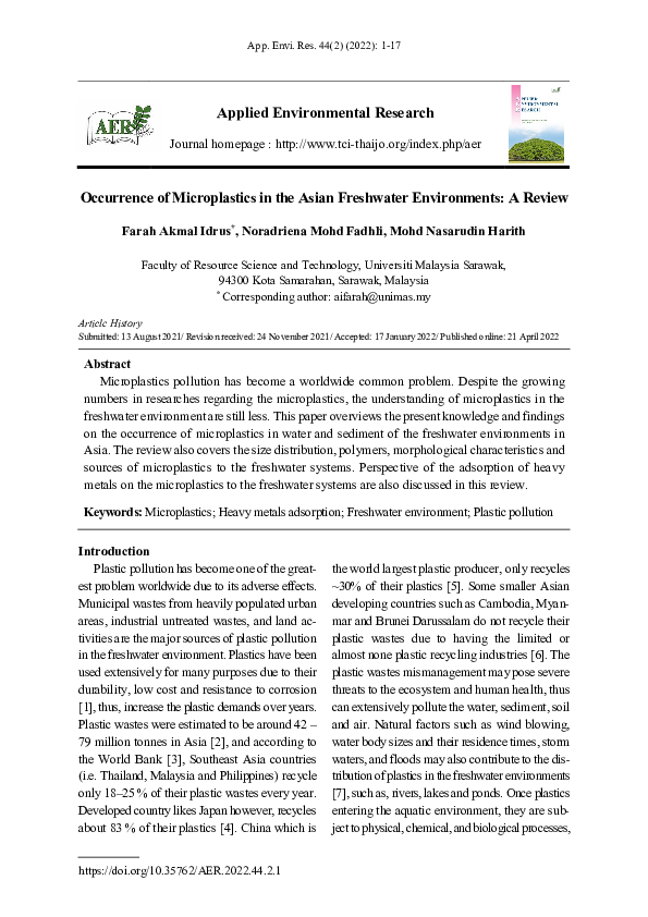 Pdf Occurrence Of Microplastics In The Asian Freshwater Environments