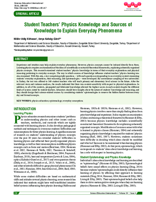 (PDF) Student Teachers’ Physics Knowledge and Sources of Knowledge to Explain Everyday Phenomena