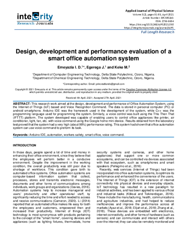 (PDF) Design, development and performance evaluation of a smart office automation system