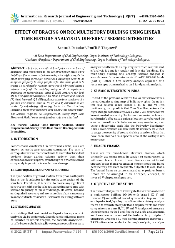 Pdf Effect Of Bracing On Rcc Multistory Building Using Linear Time History Analyis On