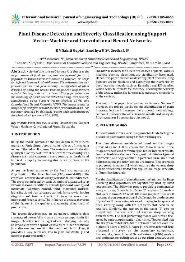 Pdf Plant Disease Detection And Severity Classification Using Support Vector Machine And