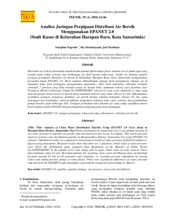 (PDF) Analisis Jaringan Perpipaan Distribusi Air Bersih Menggunakan EPANET 2.0 (Studi Kasus di ...