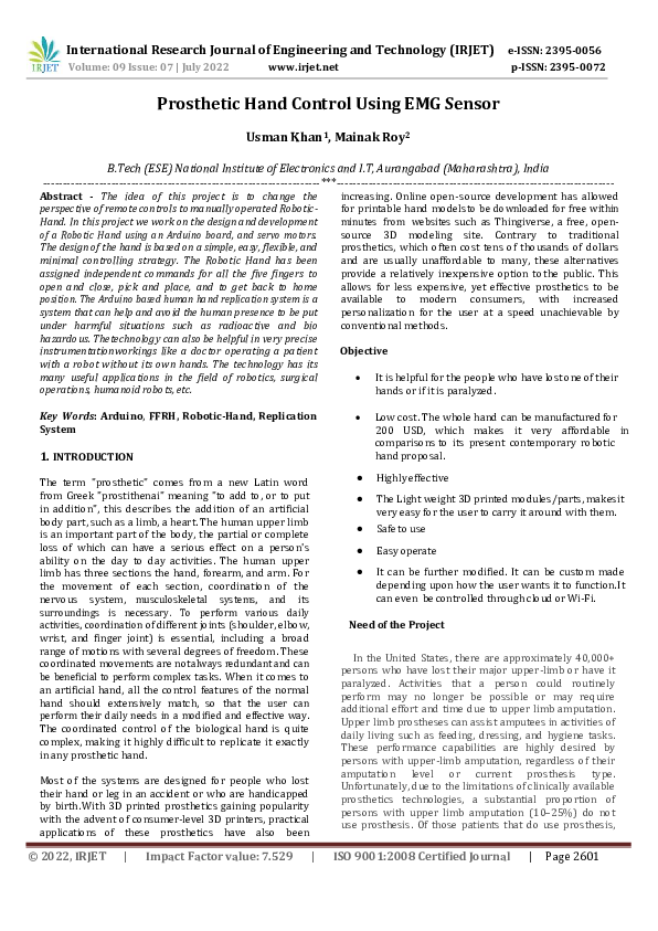 Pdf Prosthetic Hand Control Using Emg Sensor