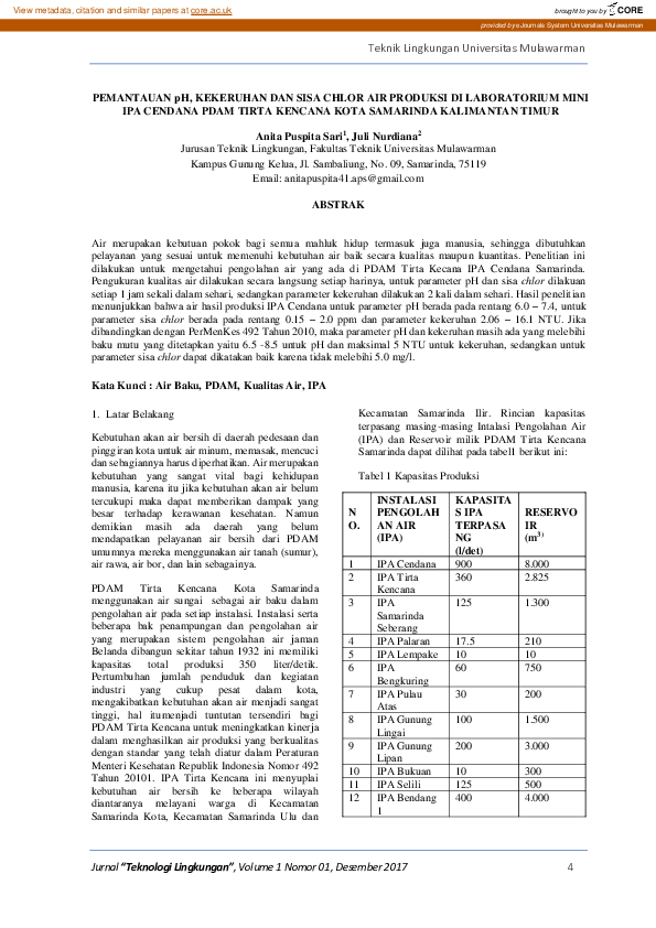 (PDF) PEMANTAUAN pH, KEKERUHAN DAN SISA CHLOR AIR PRODUKSI DI LABORATORIUM MINI IPA CENDANA PDAM ...