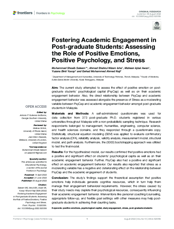 (PDF) Fostering Academic Engagement in Post-graduate Students ...
