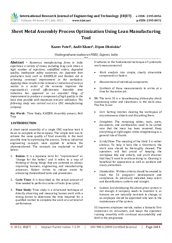 (PDF) Sheet Metal Assembly Process Optimization Using Lean Manufacturing Tool