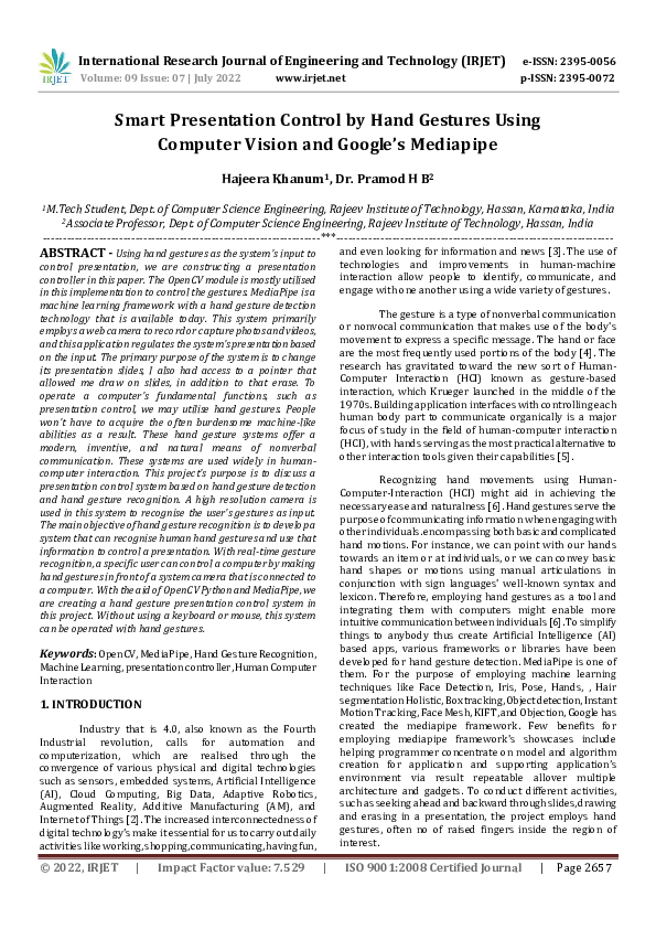 (PDF) Smart Presentation Control by Hand Gestures Using Computer Vision ...