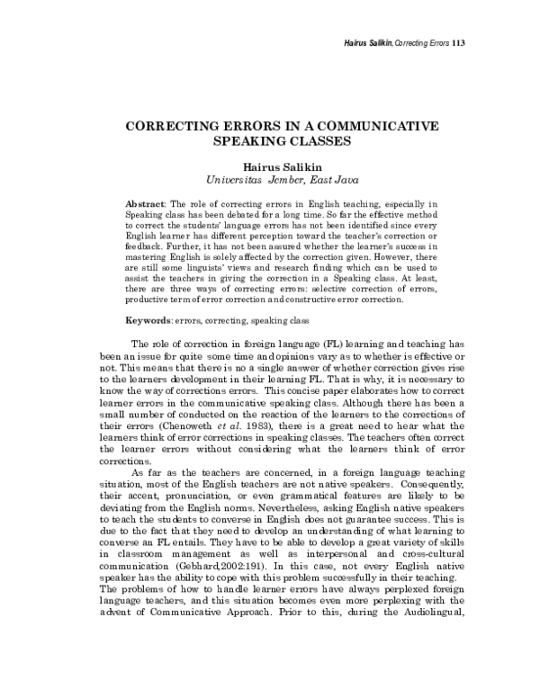 Pdf Correcting Errors In A Communicative Speaking Classes