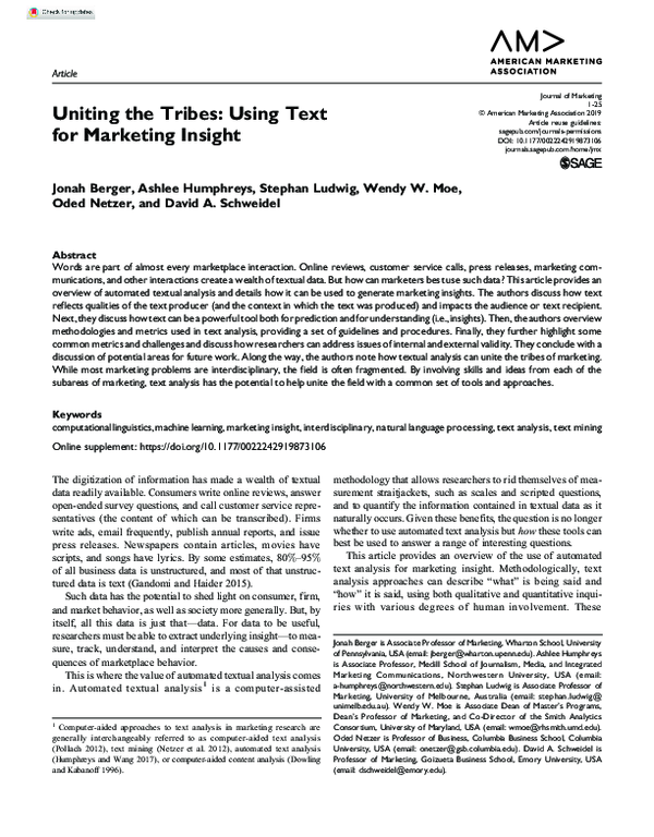 (PDF) Uniting the Tribes: Using Text for Marketing Insight