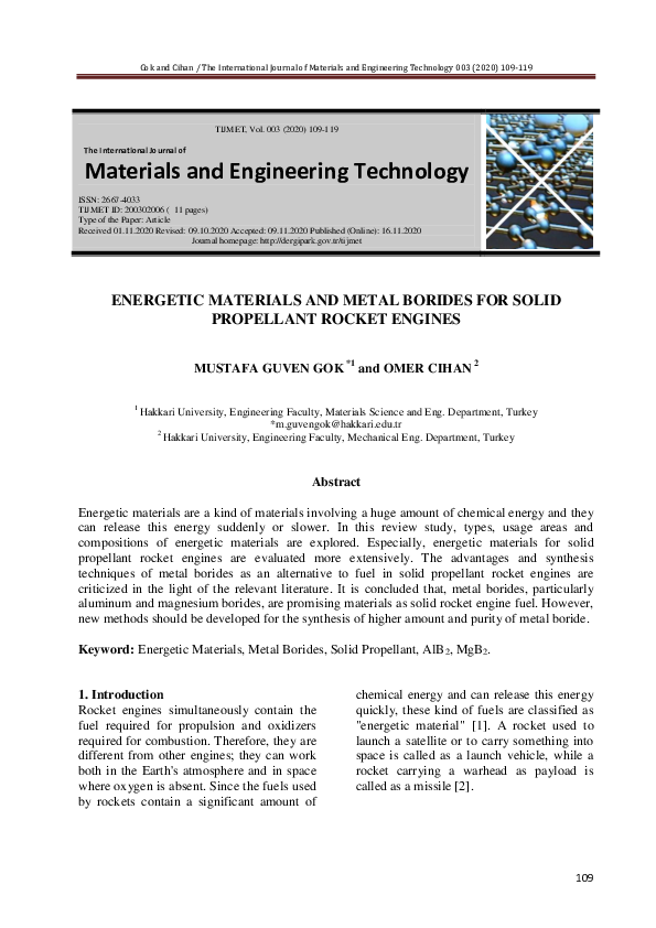 (PDF) Energetic Materials and Metal Borides for Solid Propellant Rocket Engines
