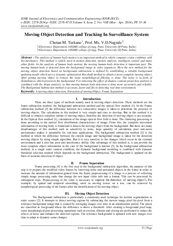 (PDF) Moving Object Detection and Tracking In Surveillance System
